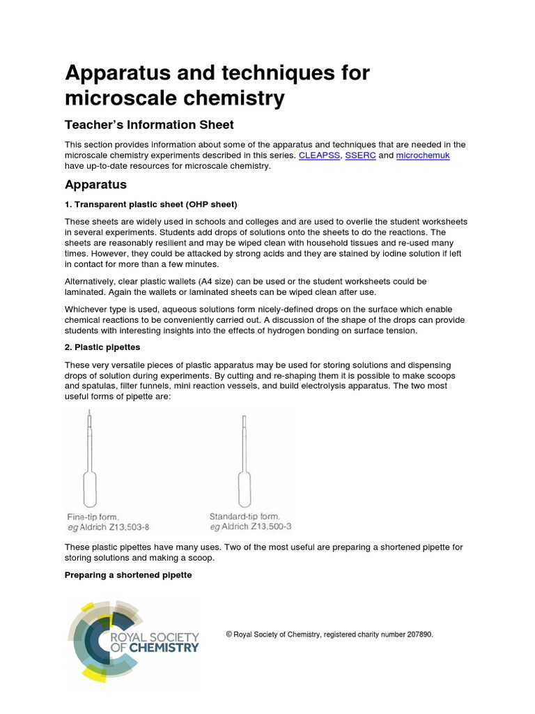 Apparatus and Techniques For Microscale Chemistry: Teacher's ...
