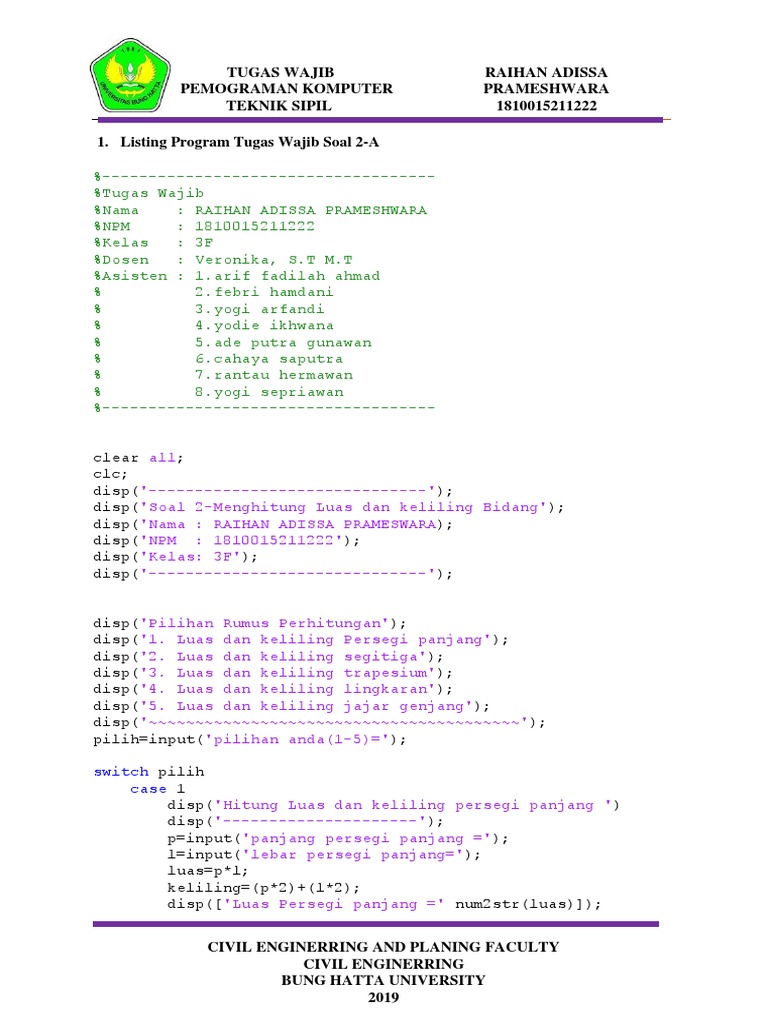 Pemograman Komputer Teknik Sipil Raihan Adissa Prameshwara ...
