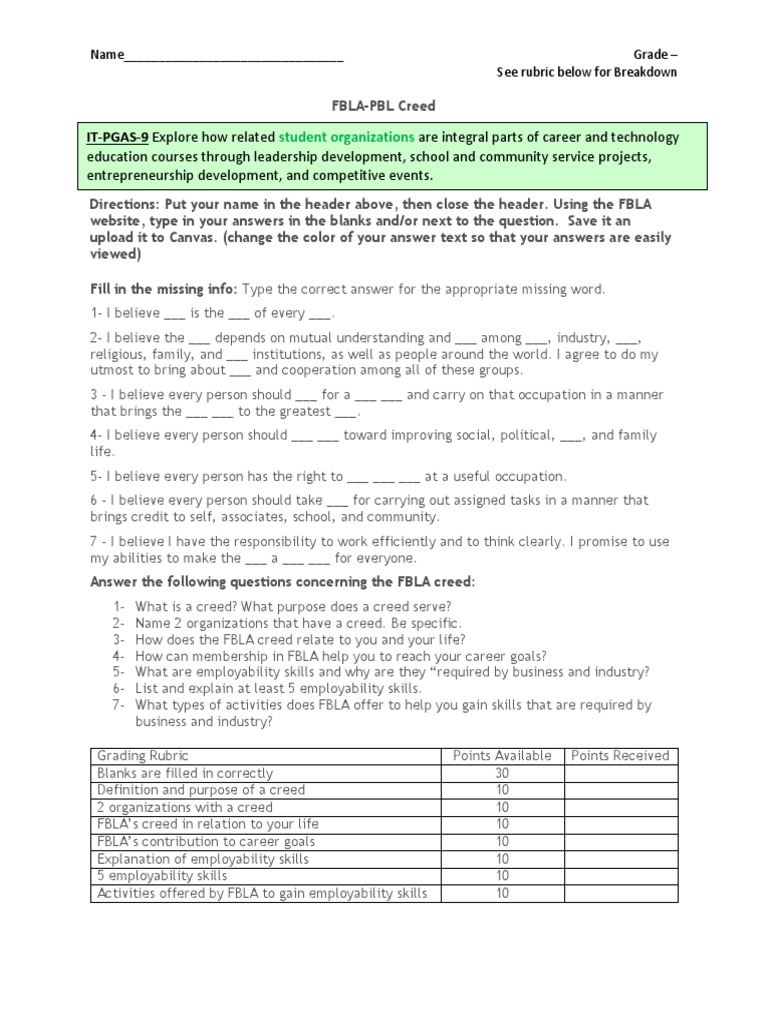 Fbla Creed Worksheet | Download Free PDF | Rubric (Academic) | Question