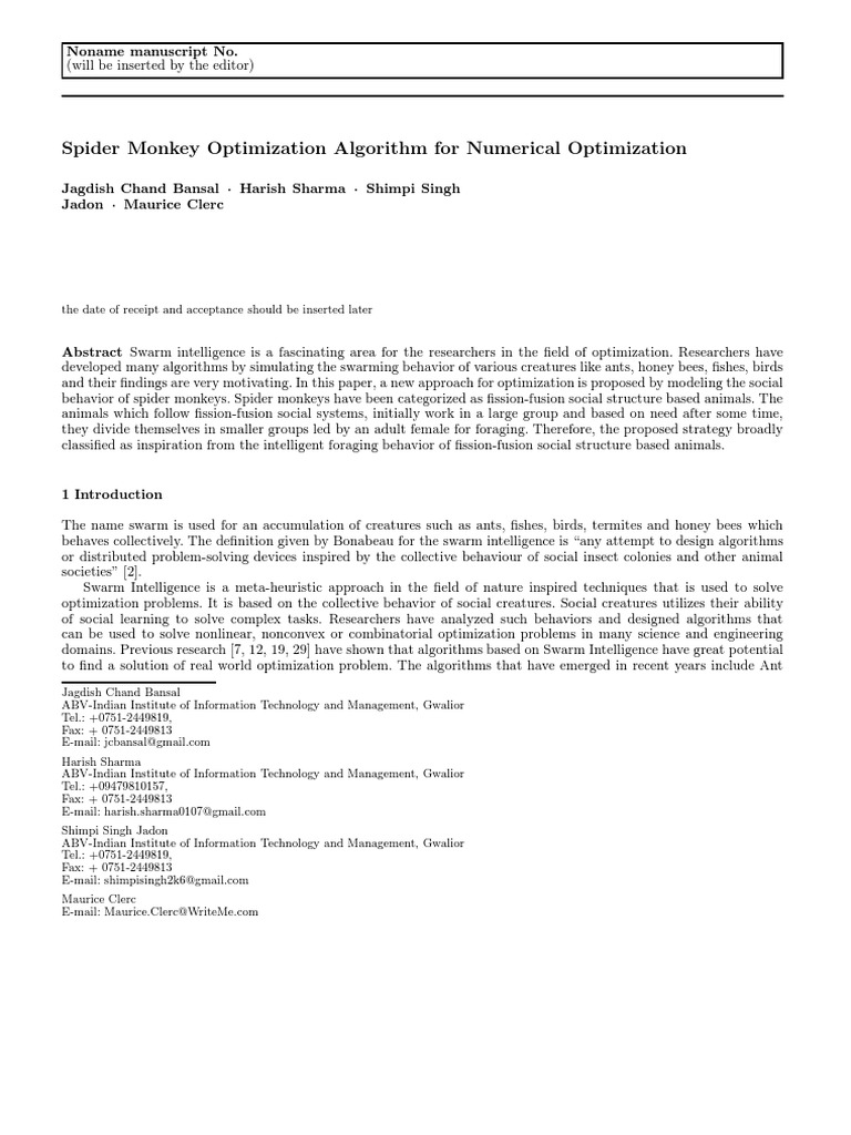 Spider Monkey Optimization Algorithm For Numerical Optimization | PDF | Foraging | Mathematical ...