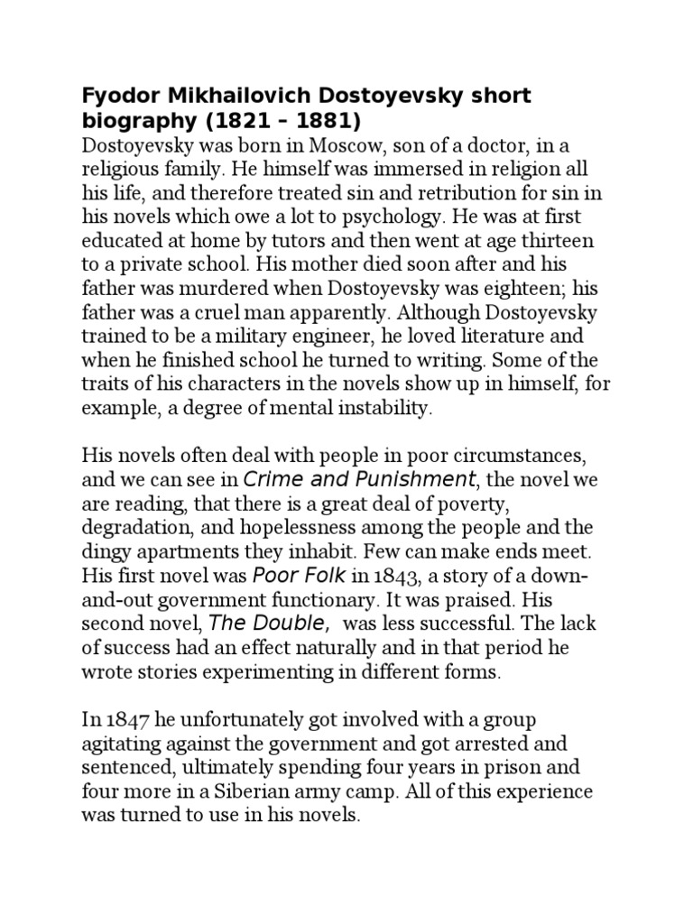 Dostoyevsky: A Brief Biography | PDF | Crime And Punishment | Crime ...