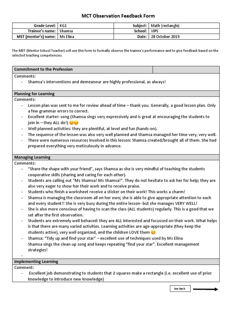 KG1 Math Observation Feedback Form | PDF | Mentorship | Teachers