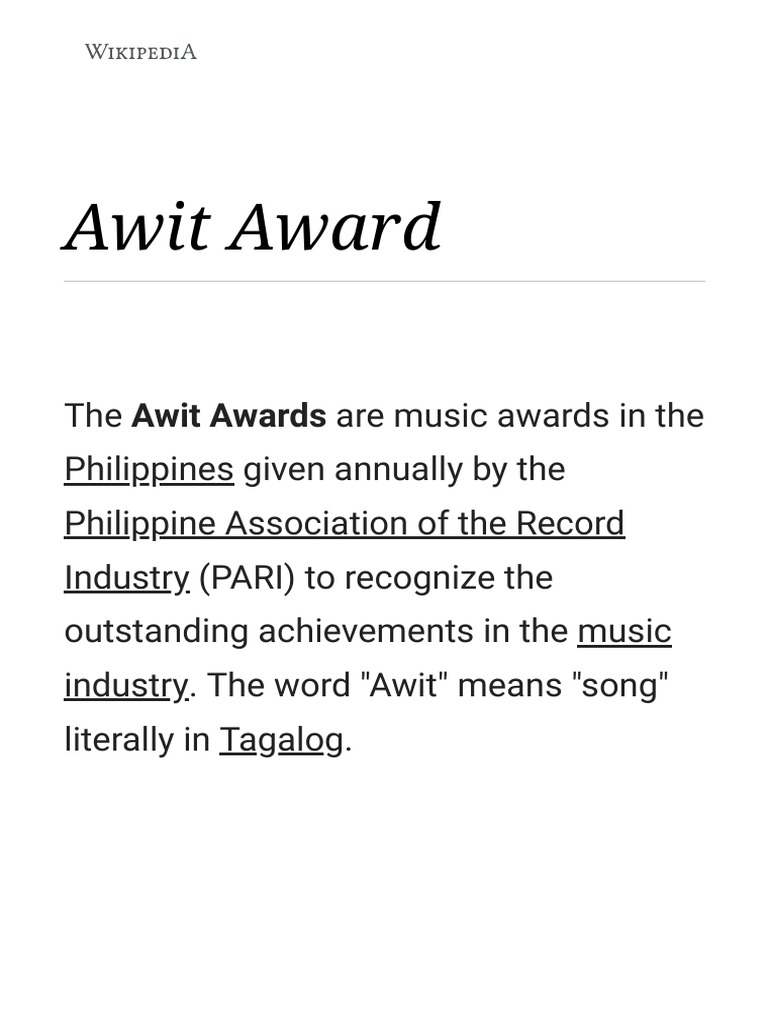 Awit Award - Wikipedia PDF | PDF | Music Industry | Performing Arts