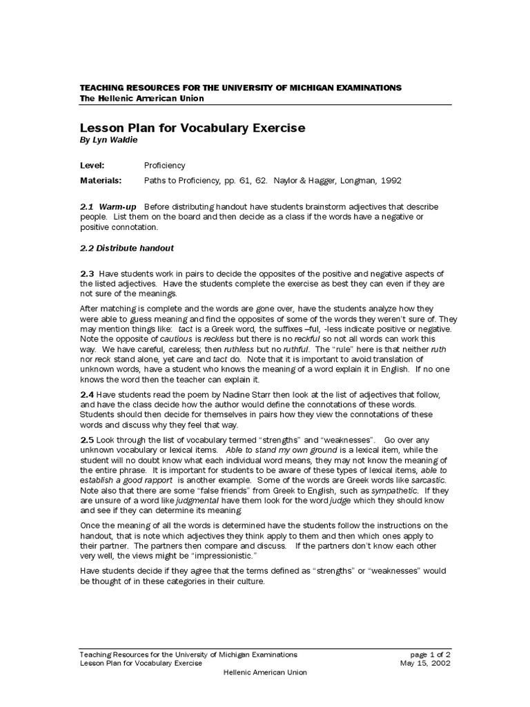 Lesson Plan For Vocabulary Exercise: by Lyn Waldie | PDF | Word ...