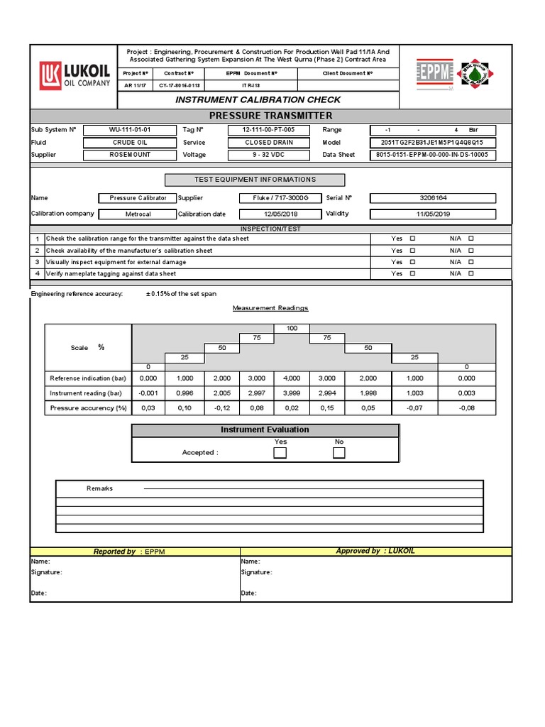 Pressure Transmitter Calibration Report | PDF | Calibration | Engineering