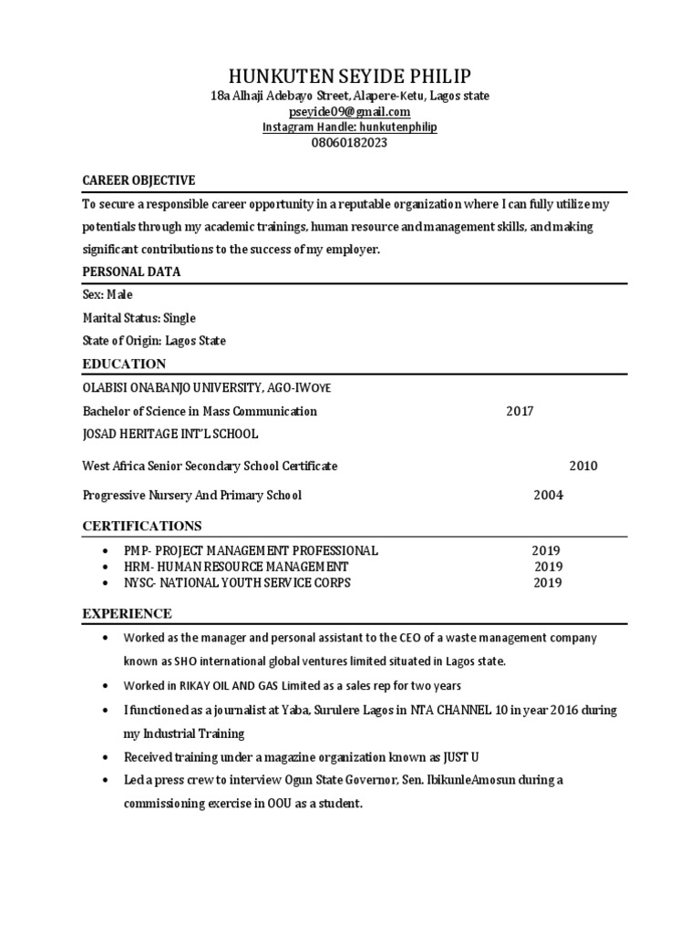 Hunkuten Seyide Philip: Career Objective | PDF | Human Resource Management | Behavior Modification