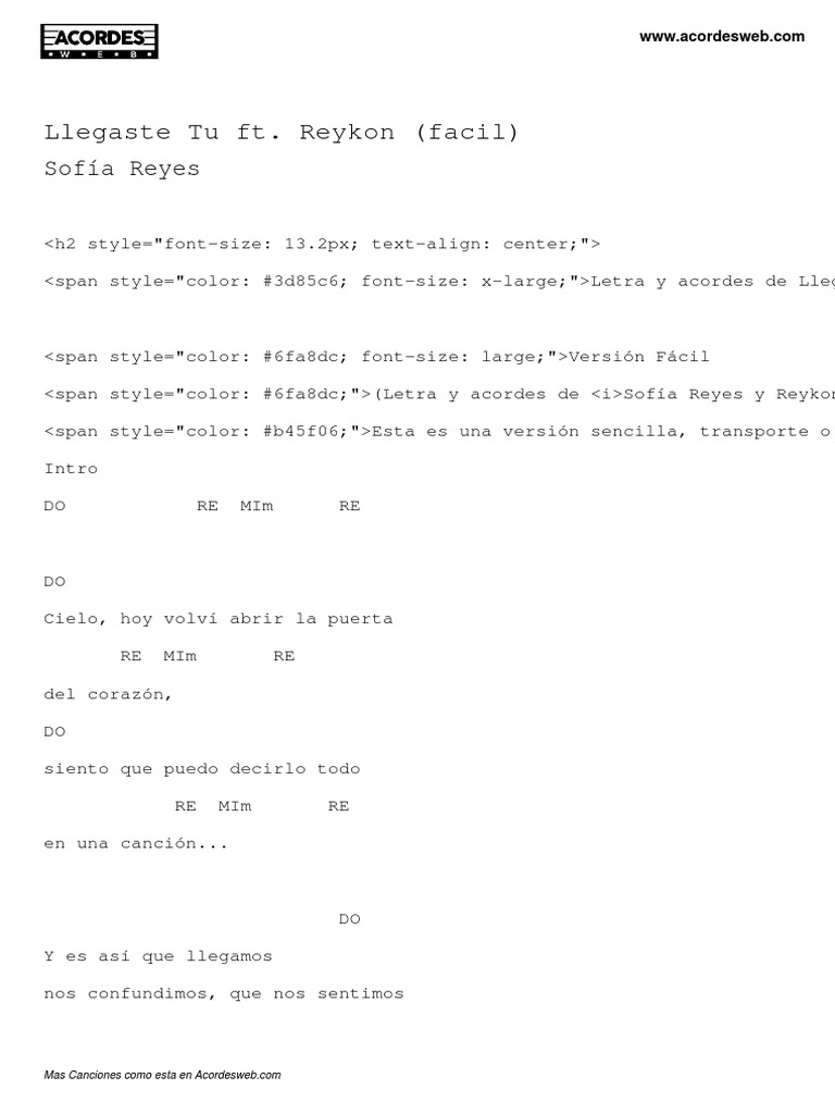 Sofia Reyes Llegaste Tu FT Reykon Facil | PDF