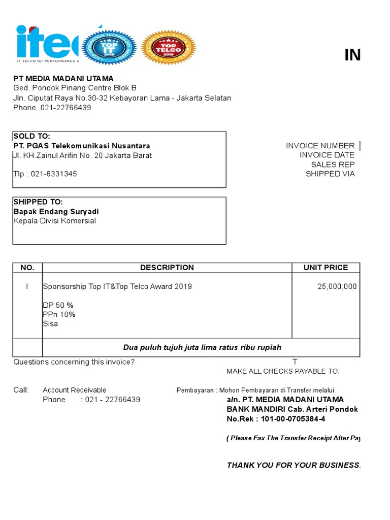 Invoice - PT PGAS Telekomunikasi Nusantara | PDF