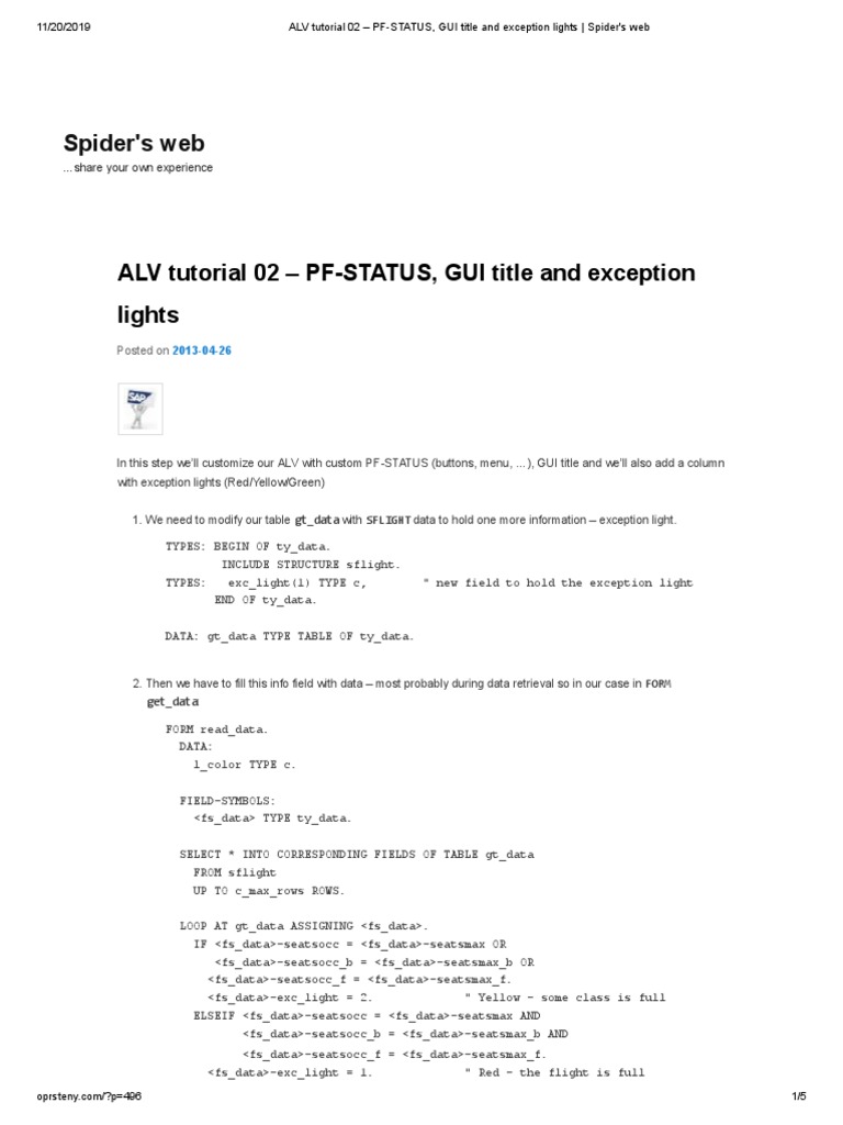 ALV Tutorial 02 - PF-STATUS, GUI Title and Exception Lights - Spider's Web | PDF | Graphical ...
