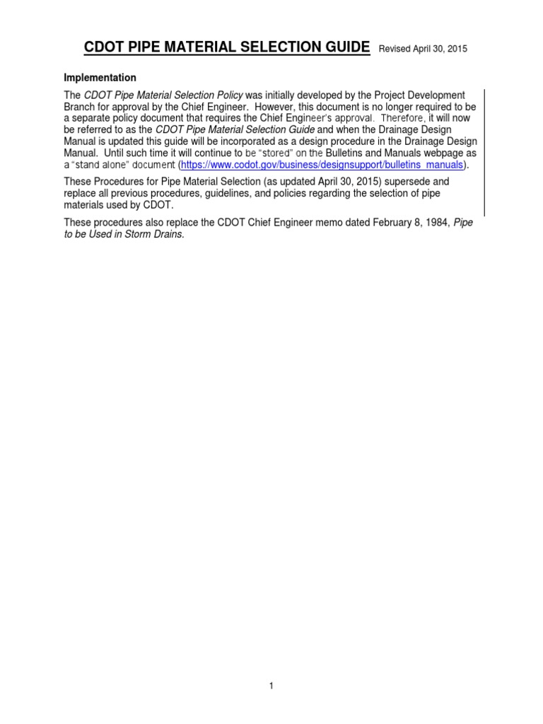 CDOT Pipe Material Selection Guide Rev 04-30-15 | PDF | Pipe (Fluid ...