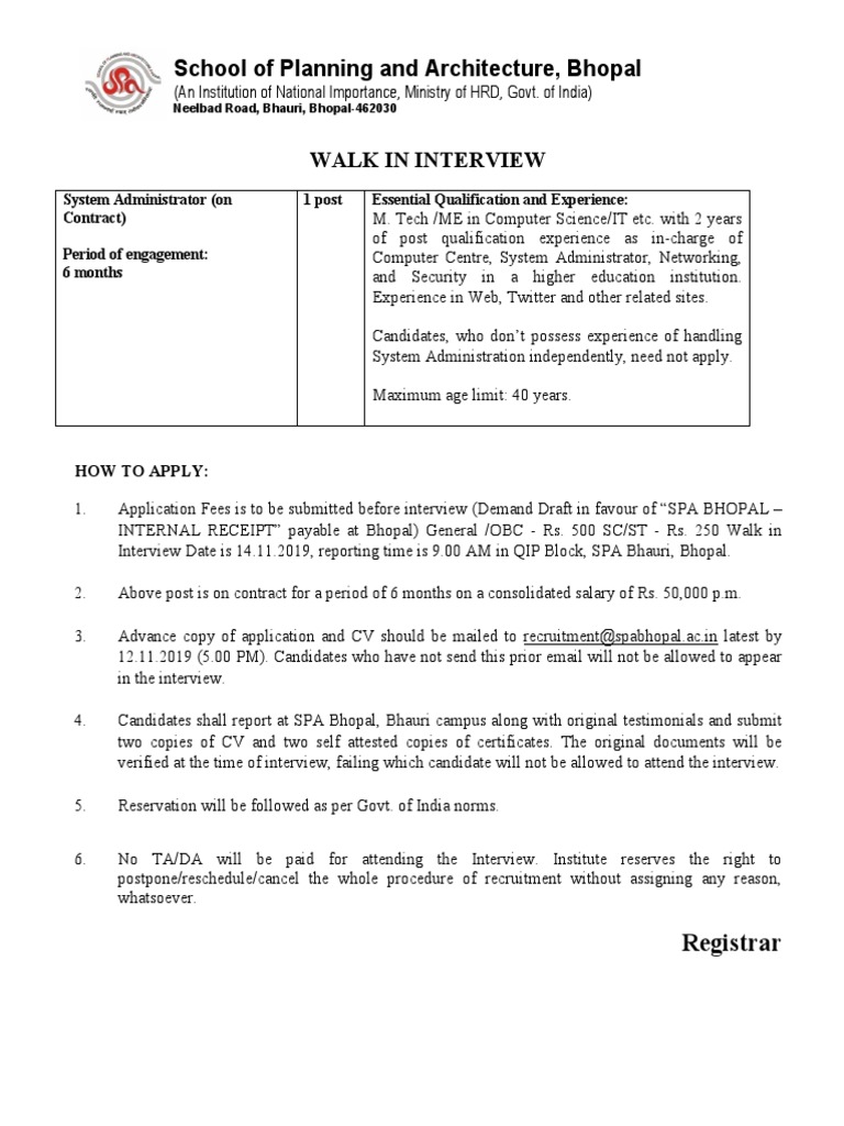 School of Planning and Architecture, Bhopal Walk in Interview | PDF