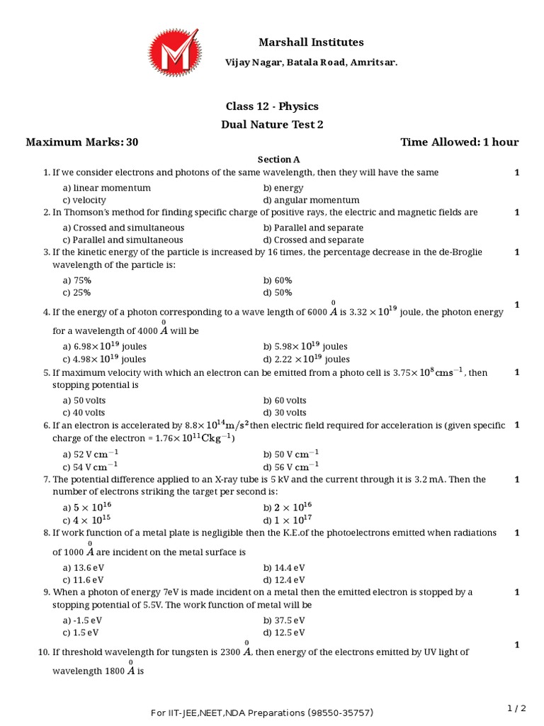 Dual Nature of Light Test 2.0 | PDF | Photoelectric Effect | Photon
