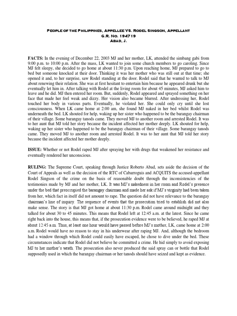 People of The Philippines, Appellee VS. Rodel Singson, Appellant G.R ...