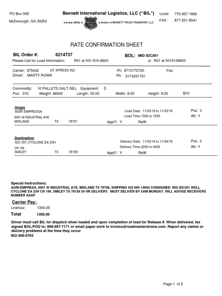 Rate Confirmation Sheet: 6214737 Bol: BIL Order # | PDF | Cargo ...