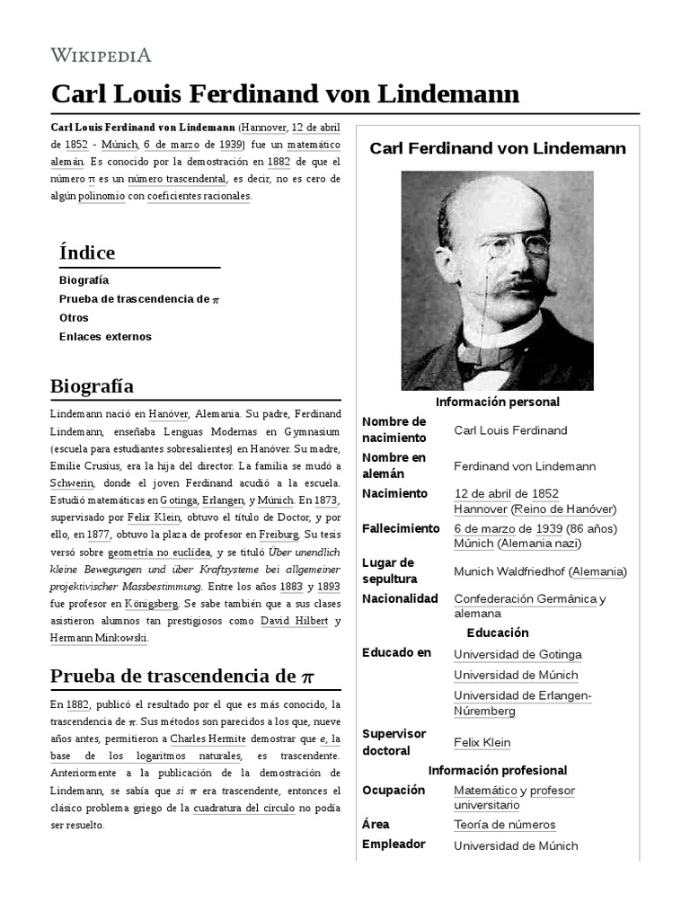Carl Louis Ferdinand Von Lindemann | PDF | Enseñanza de matemática ...