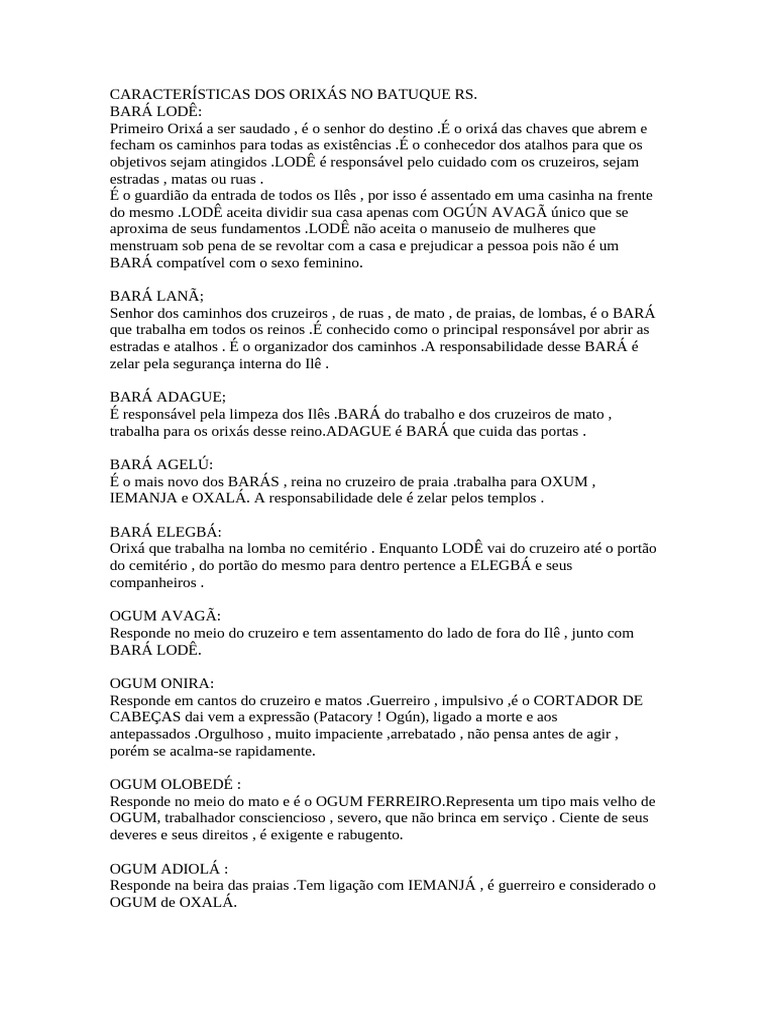 Características Dos Orixás No Batuque Rs | PDF | Religião étnica | Divindades