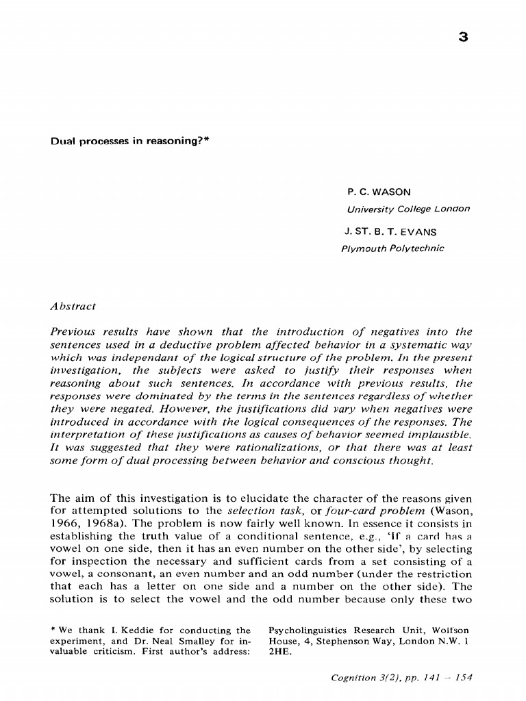 Dual Reasoning Processes in Wason Selection Task | PDF | Falsifiability | Hypothesis