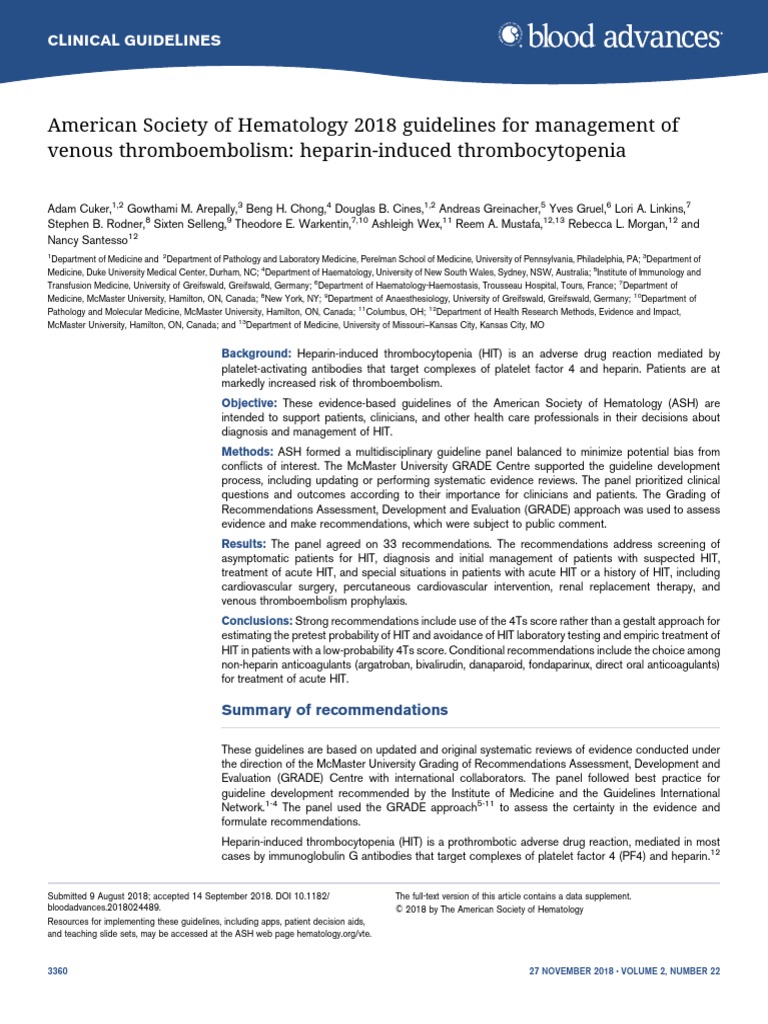 HIT - Guidelines 2018 | PDF | Thrombosis | Evidence Based Medicine