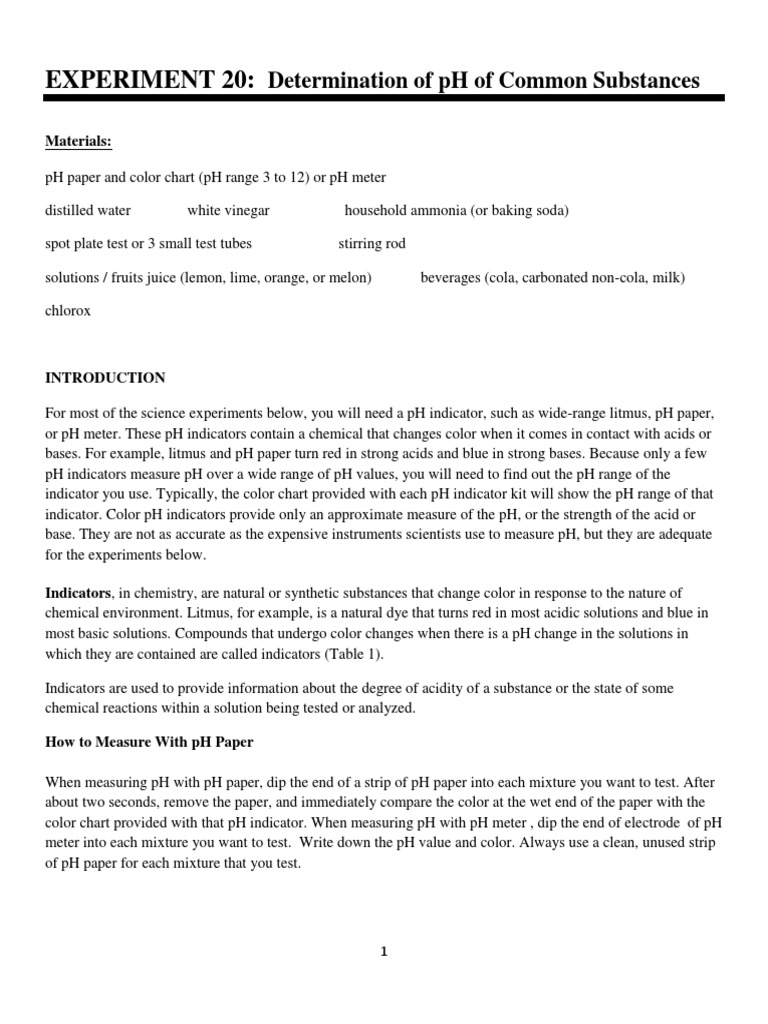 Experiment 20:: Determination of PH of Common Substances | PDF | Ph ...