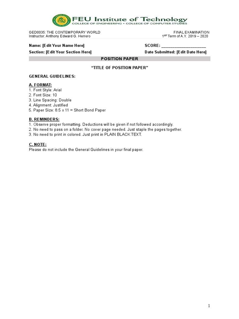 TCW Final Exam Position Format | PDF