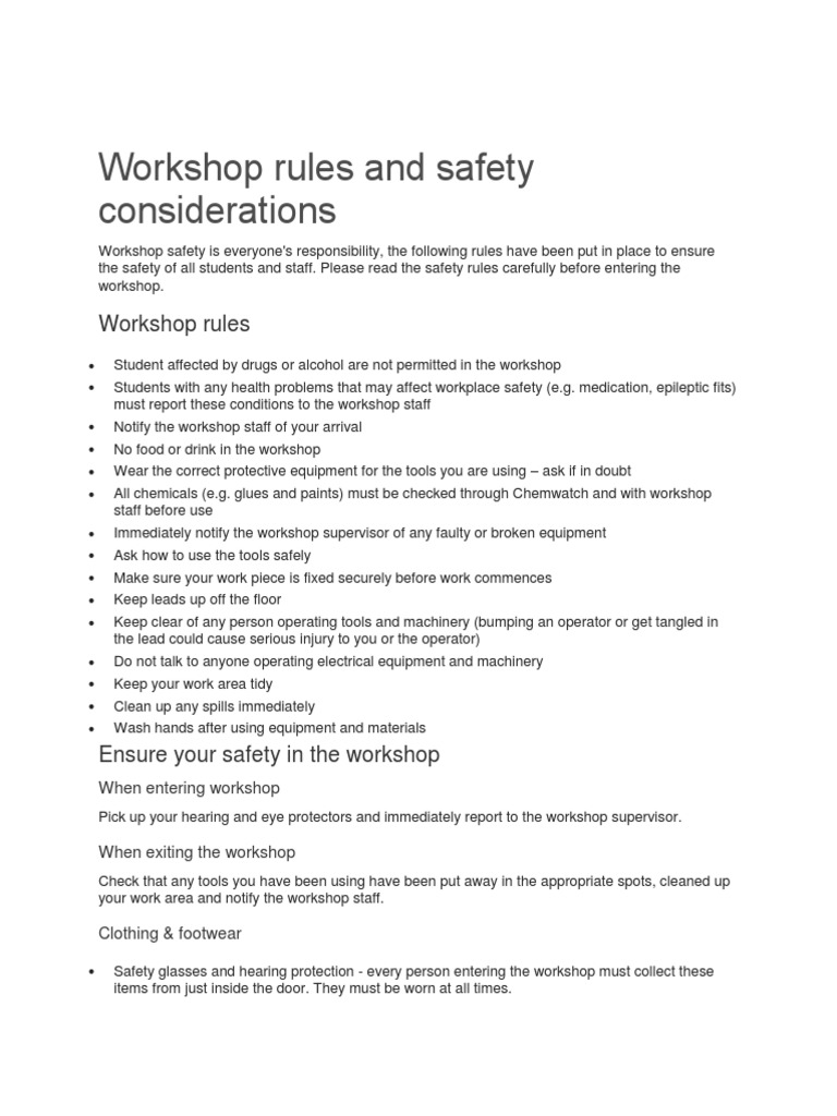 Workshop Rules and Safety Considerations | PDF | Tools | Occupational ...