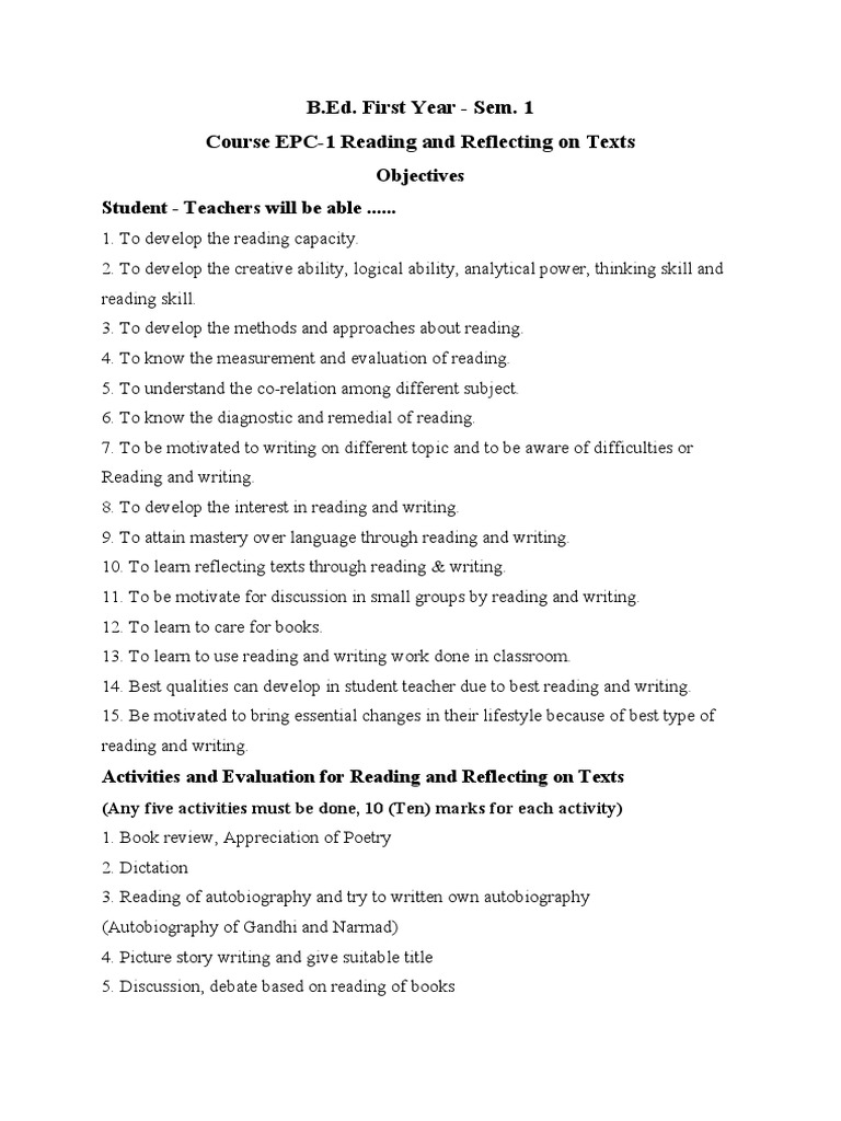 B.Ed. First Year - Sem. 1 Course EPC-1 Reading and Reflecting On Texts | PDF | Essays | Teachers