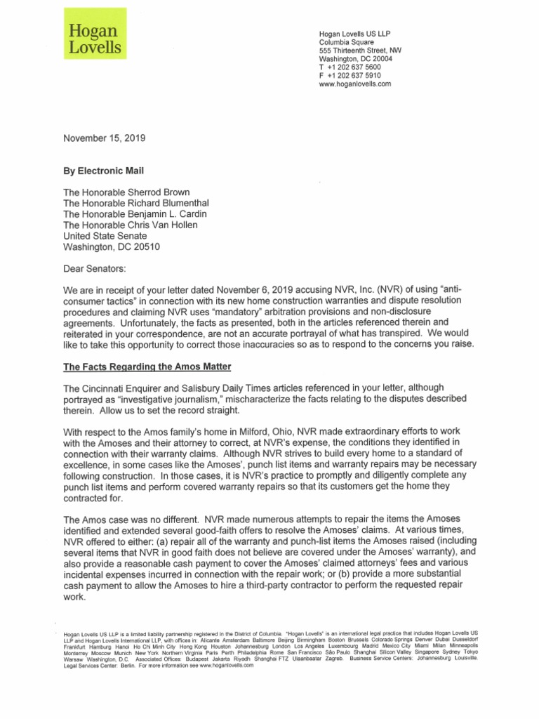 NVR, Inc.'s Response To Senate Letter | PDF