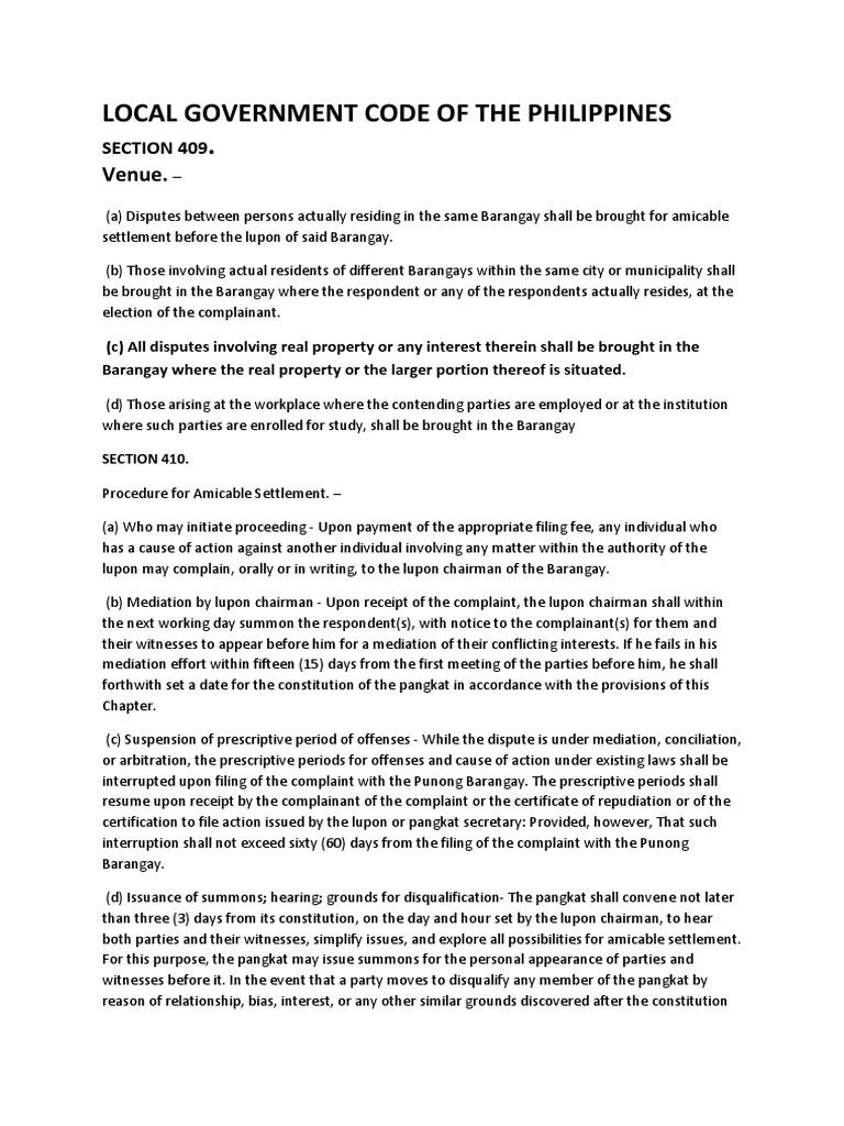 Local Government Code of The Philippines .: Venue | PDF | Mediation ...
