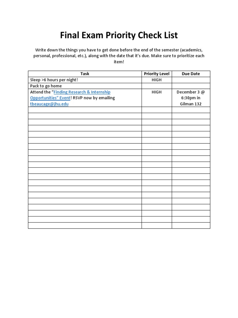 Final Exam Priority Check List | PDF