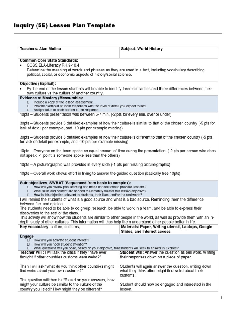 Inquiry (5E) Lesson Plan Template | PDF | Lesson Plan | Question