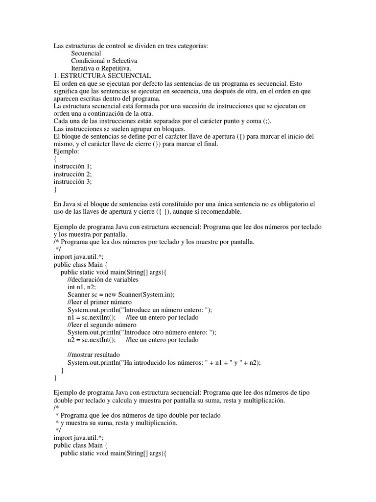 Estructuras de control en Java: secuencial, condicional e iterativa | PDF | Java (lenguaje de ...