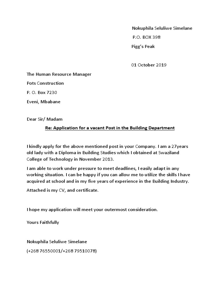 Re: Application For A Vacant Post in The Building Department | PDF