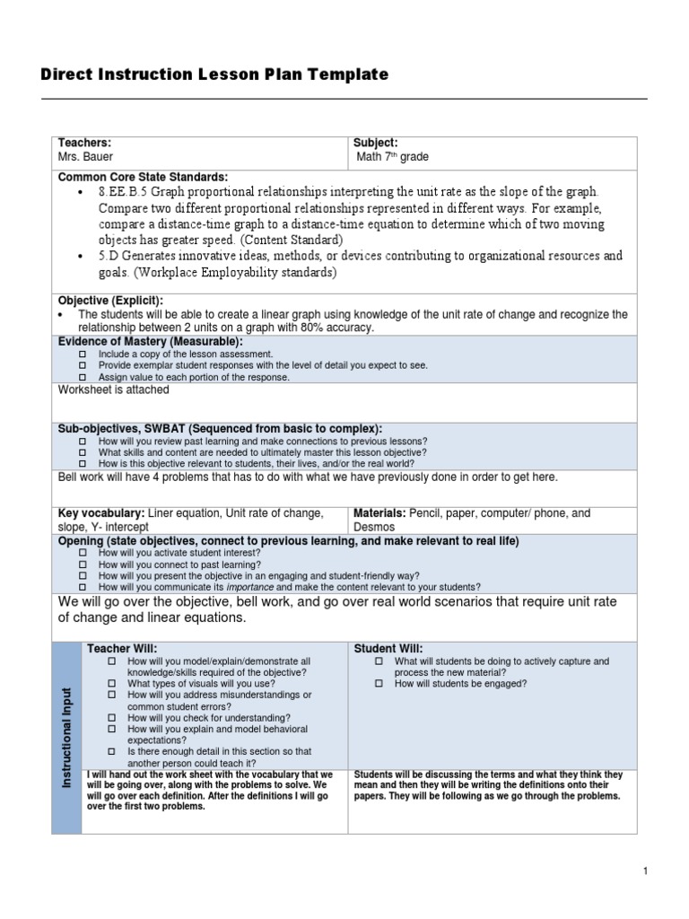 Direct Instruction Lesson Plan 1 | PDF | Lesson Plan | Educational ...