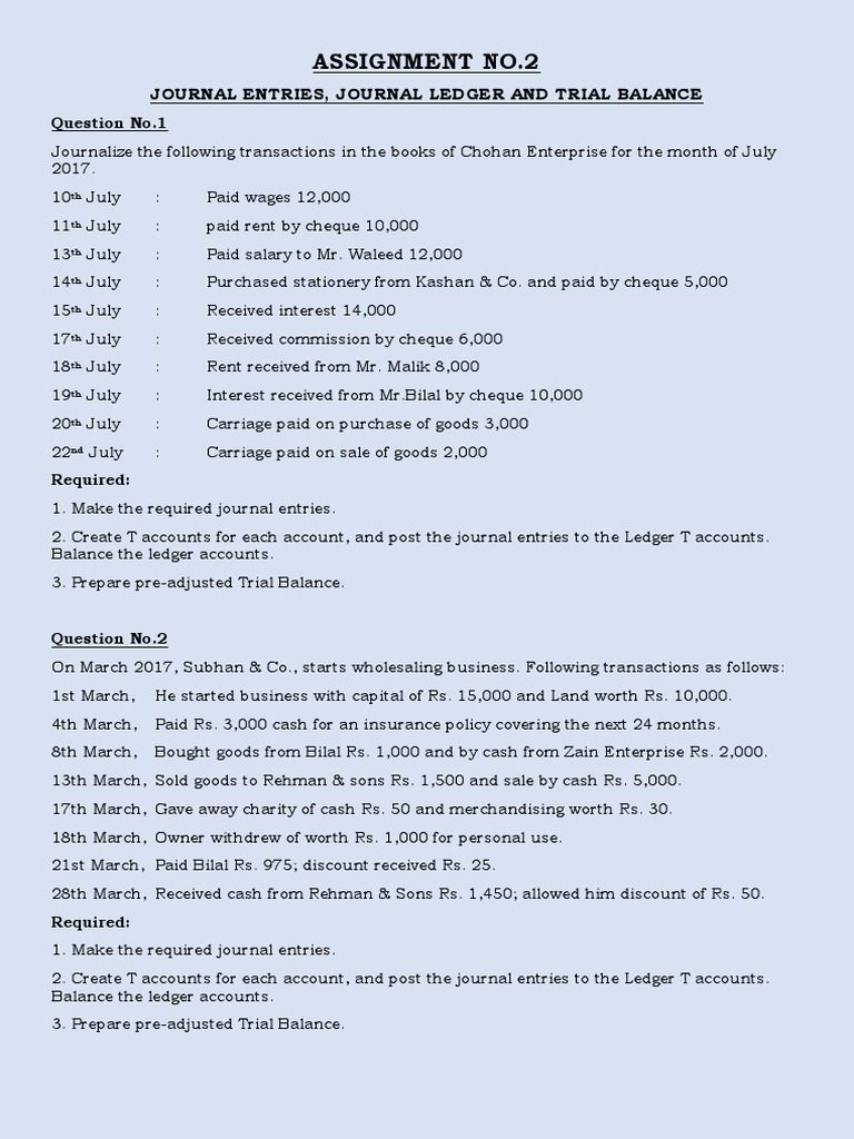 Assignment No.2 (Journal Entries, Ledger and Trial Balance) | PDF