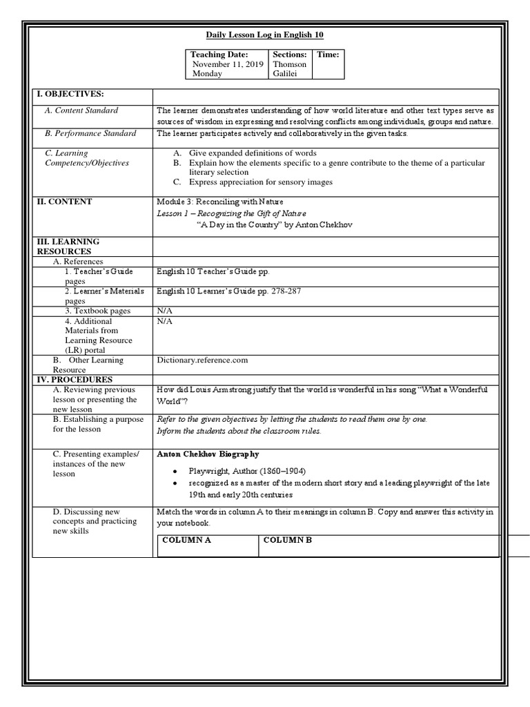 Lesson Plan: A Day in the Country | PDF | Learning | Teachers