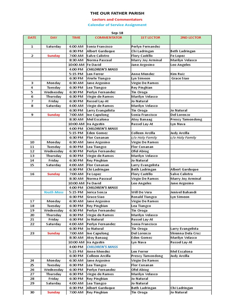 September Lectors Schedule at Our Father Parish | PDF