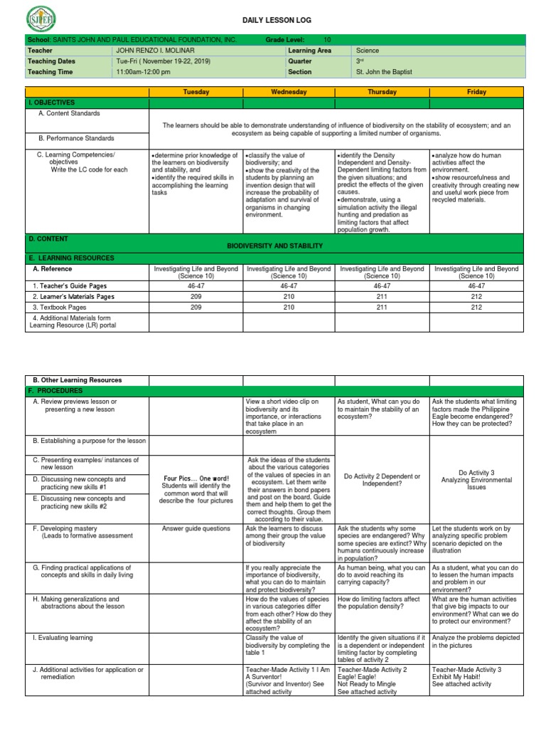 Daily Lesson Log Grade 10 - 3rd Week | PDF | Biodiversity | Learning
