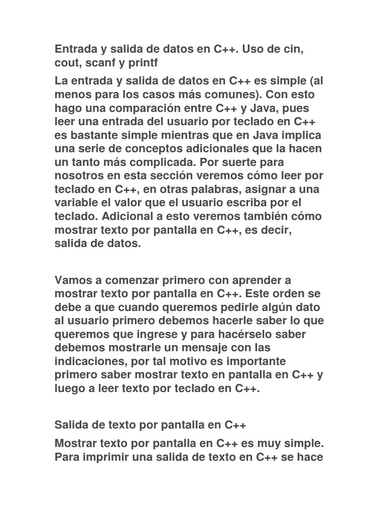 Entrada y salida en C++: cin, cout, scanf, printf | PDF | C ++ | Ciencias de la Computación