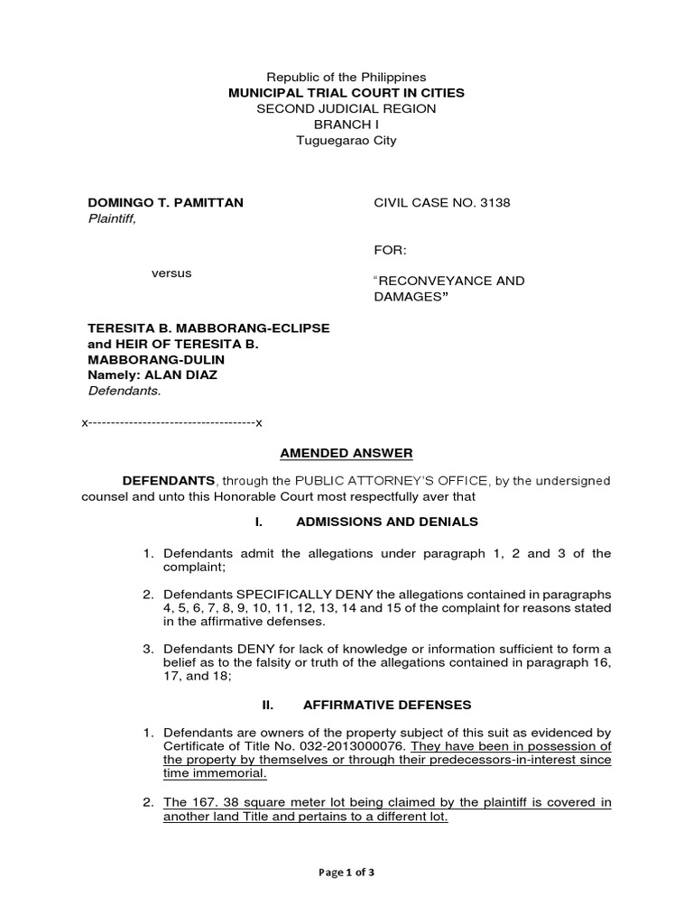 Amended Answer | PDF | Lawsuit | Public Law