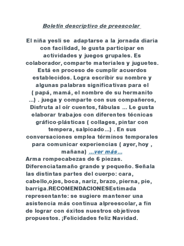 Boletín Descriptivo de Preescolar | PDF