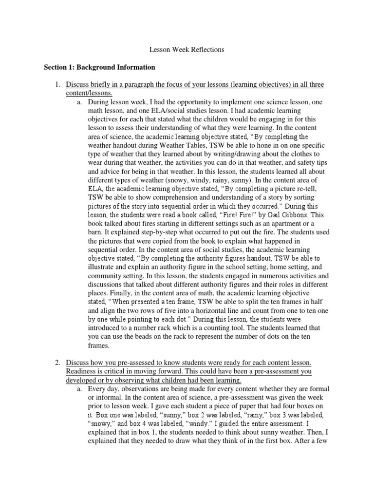 Lesson Week Reflections | PDF | Neuropsychological Assessment | Learning