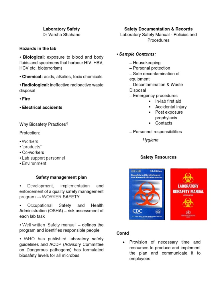 Laboratory Safety Safety Documentation & Records: - Sample Contents ...