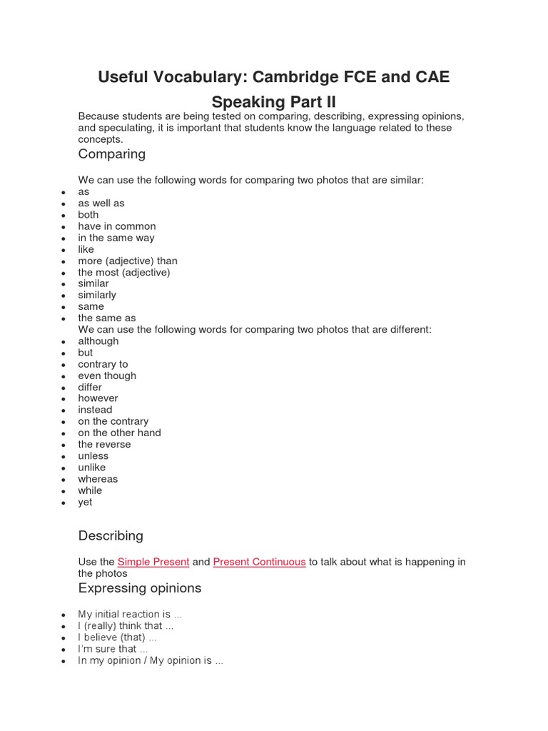 FCE CAE Speaking Vocabulary | PDF