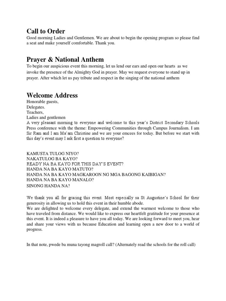 Emcee Script for School Press Conference | PDF