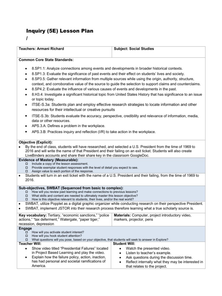 Inquiry (5E) Lesson Plan | PDF | Teachers | Lesson Plan