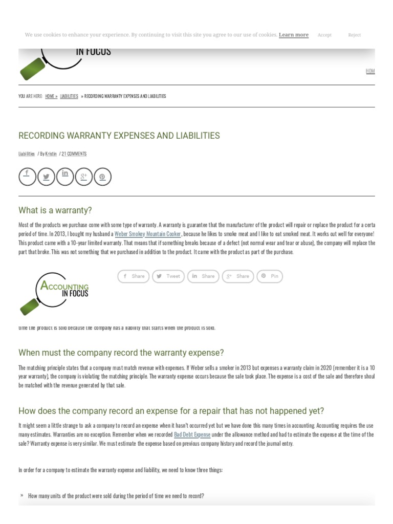 Recording Warranty Expenses and Liabilities - Accounting in Focus | PDF ...