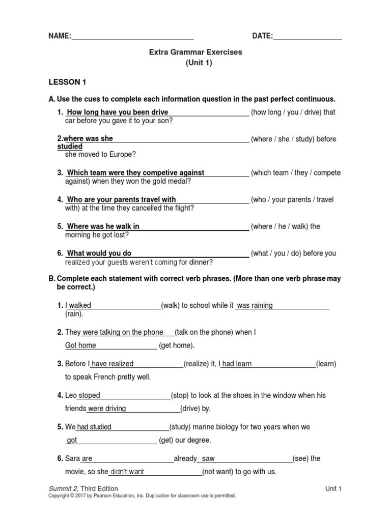 Lesson 1: Extra Grammar Exercises (Unit 1) | PDF