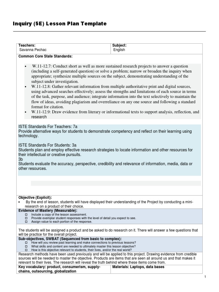 Inquiry (5E) Lesson Plan Template | Download Free PDF | Educational ...