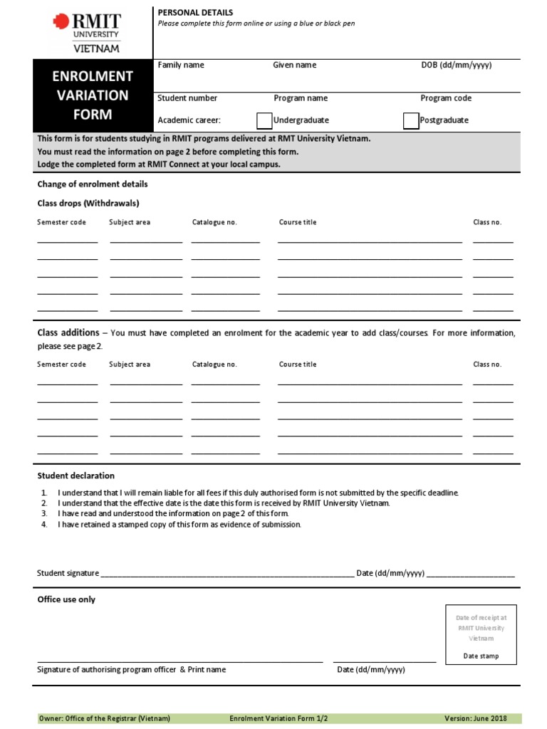 RMIT Enrolment Variation Form | PDF | Higher Education | Educational Stages