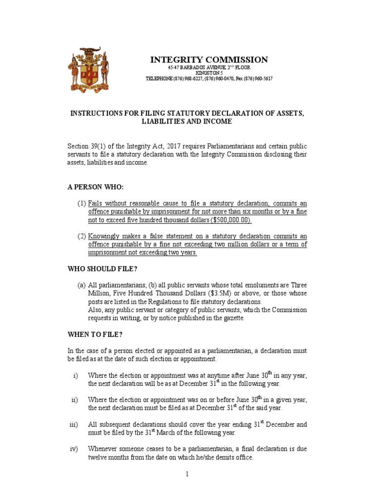 Instructions For Filing Statutory Declaration of Assets, Liabilities and Income | PDF | Mortgage ...